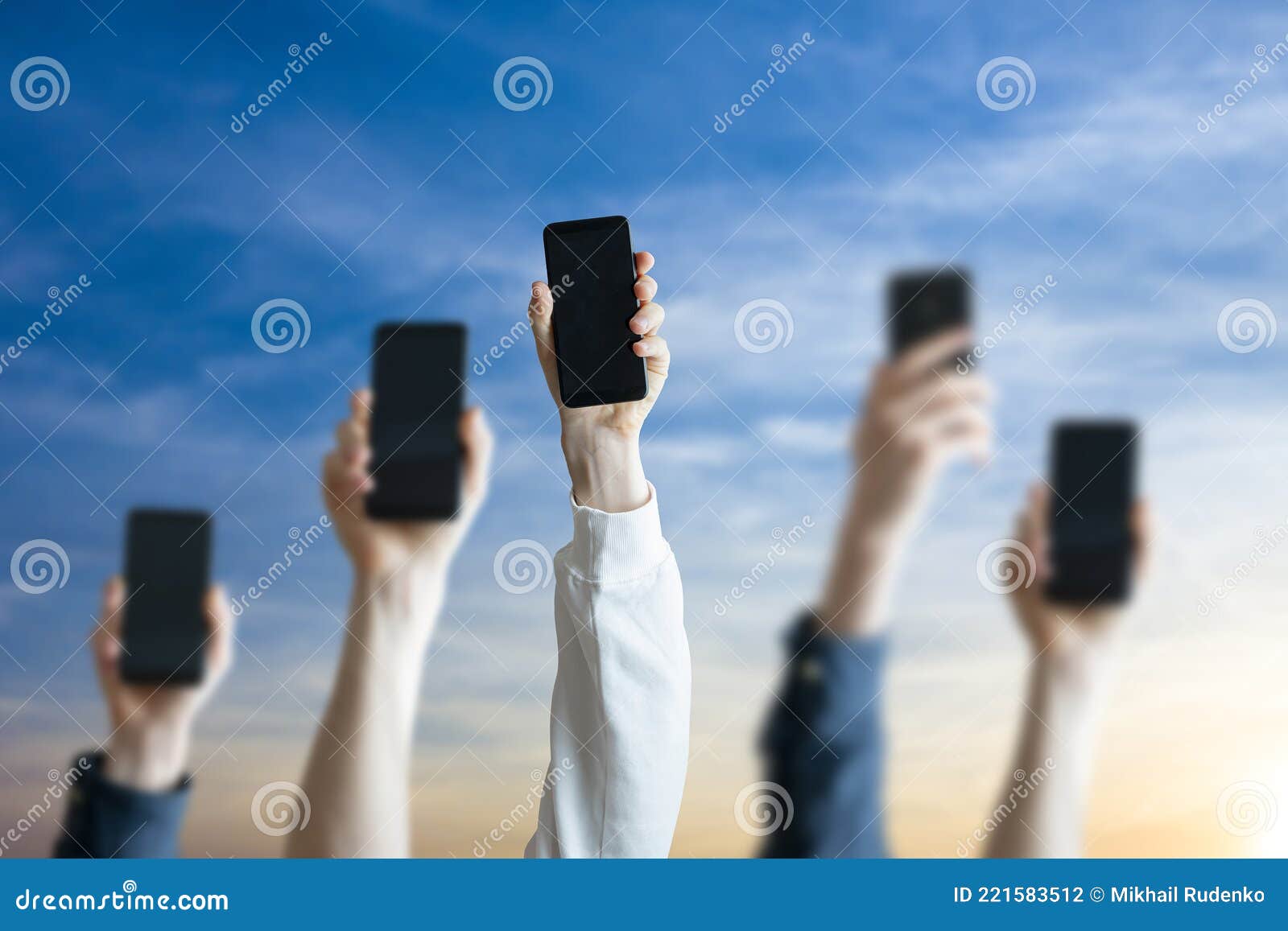 A Large Group of People Hold Digital Phones Device, Many Human Hands ...