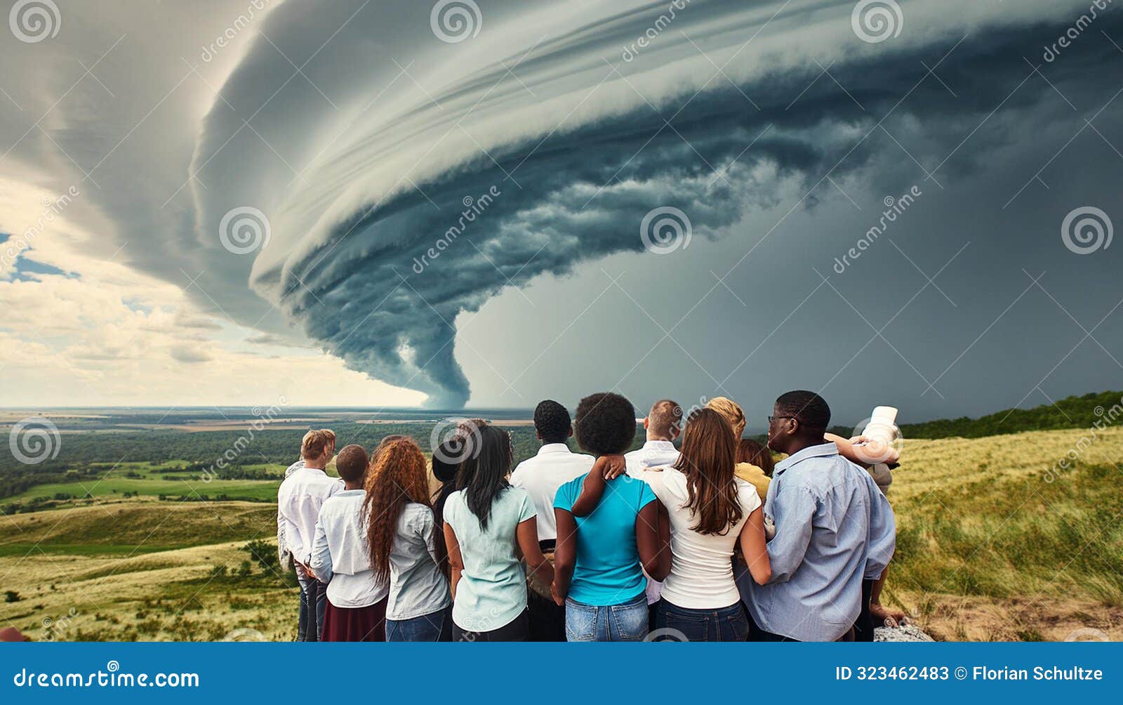 Large Group of People Observing a Strong Storm with Large Tornado Stock ...