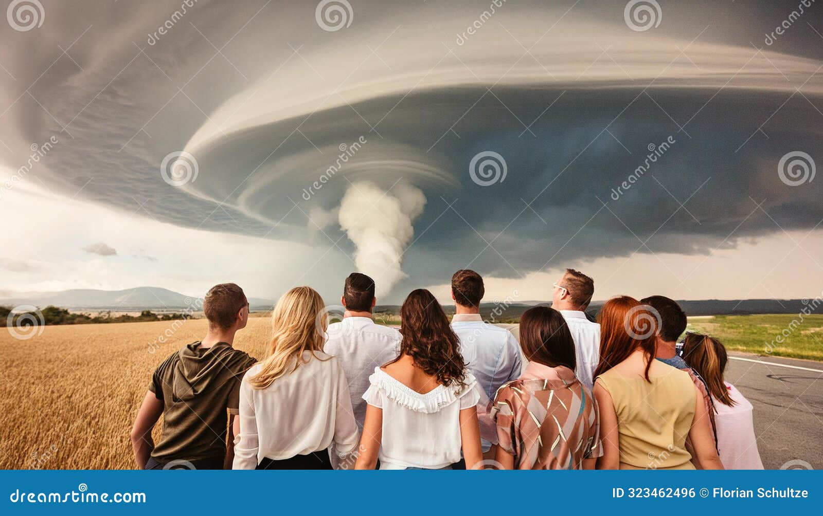 Large Group of People Observing a Strong Storm with Large Tornado Stock ...