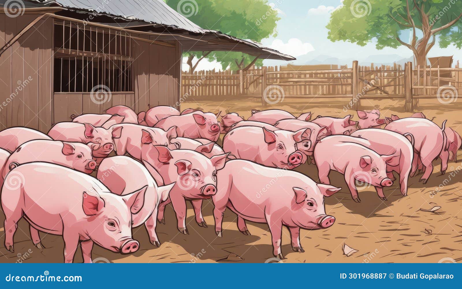 A Large Group of Pigs in a Pen Stock Illustration - Illustration of ...