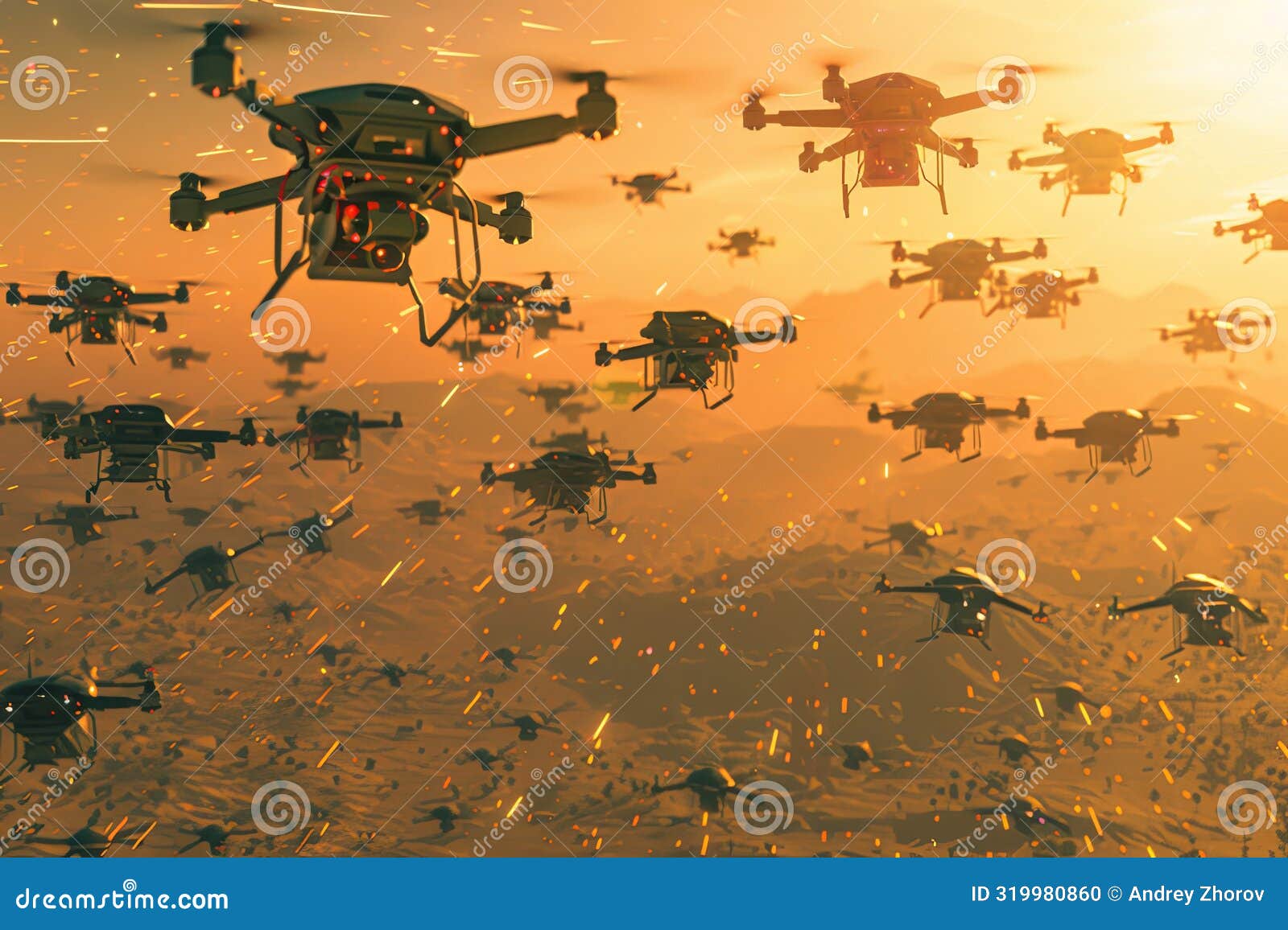 A Large Group of Small Surveillance Drones Hovering and Flying Together ...