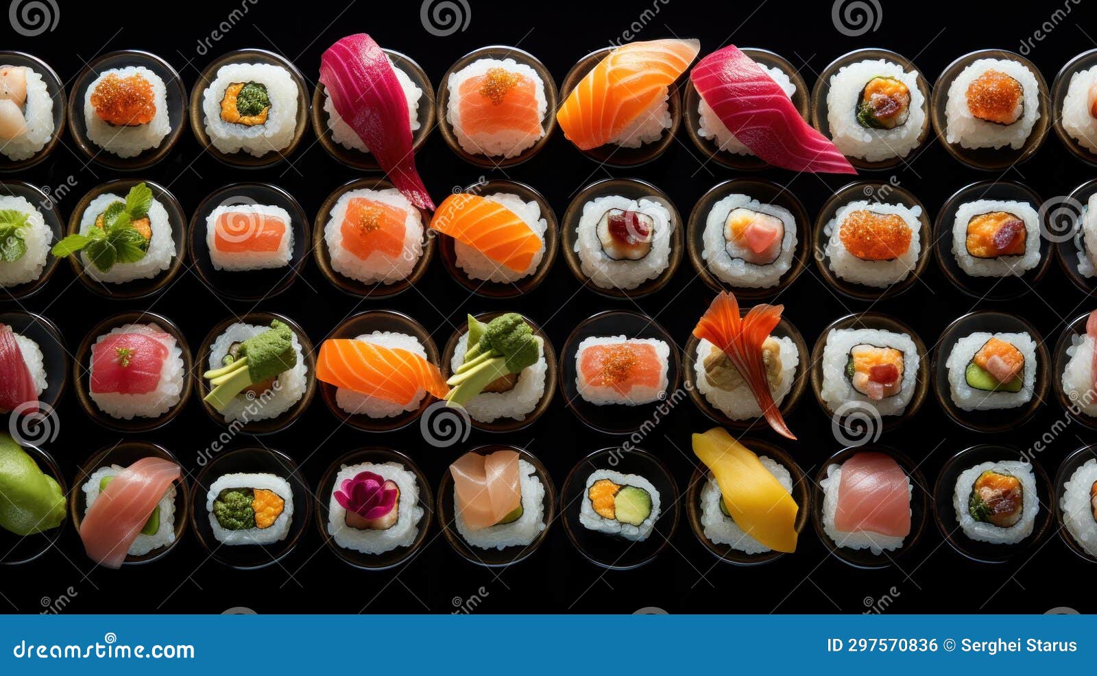 A Large Group of Sushi Rolls Arranged in a Row, AI Stock Photo - Image ...