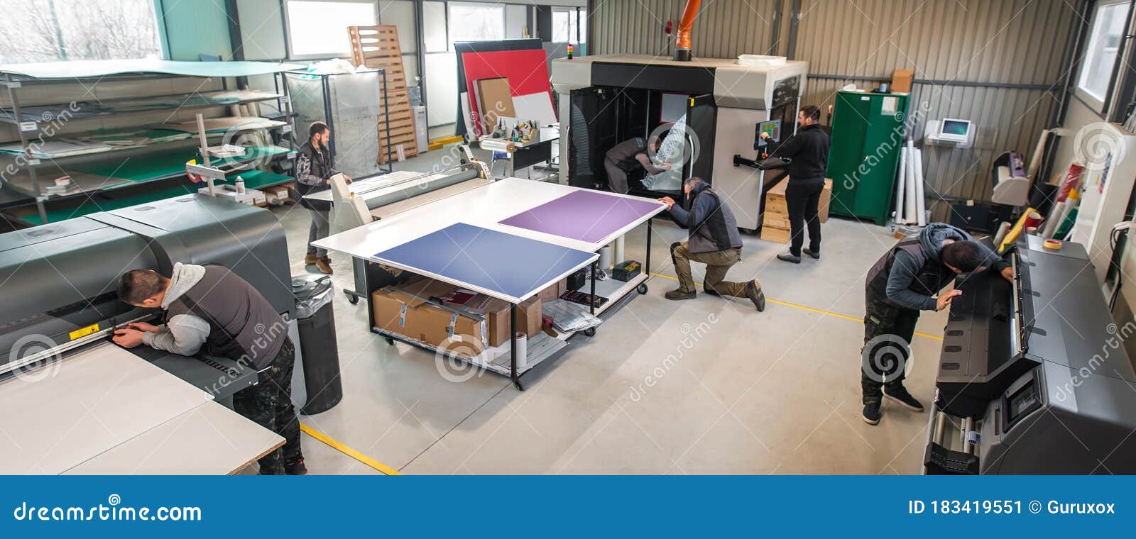 Large Group of Technicians Works in Printing Printshop Press Hall Stock ...