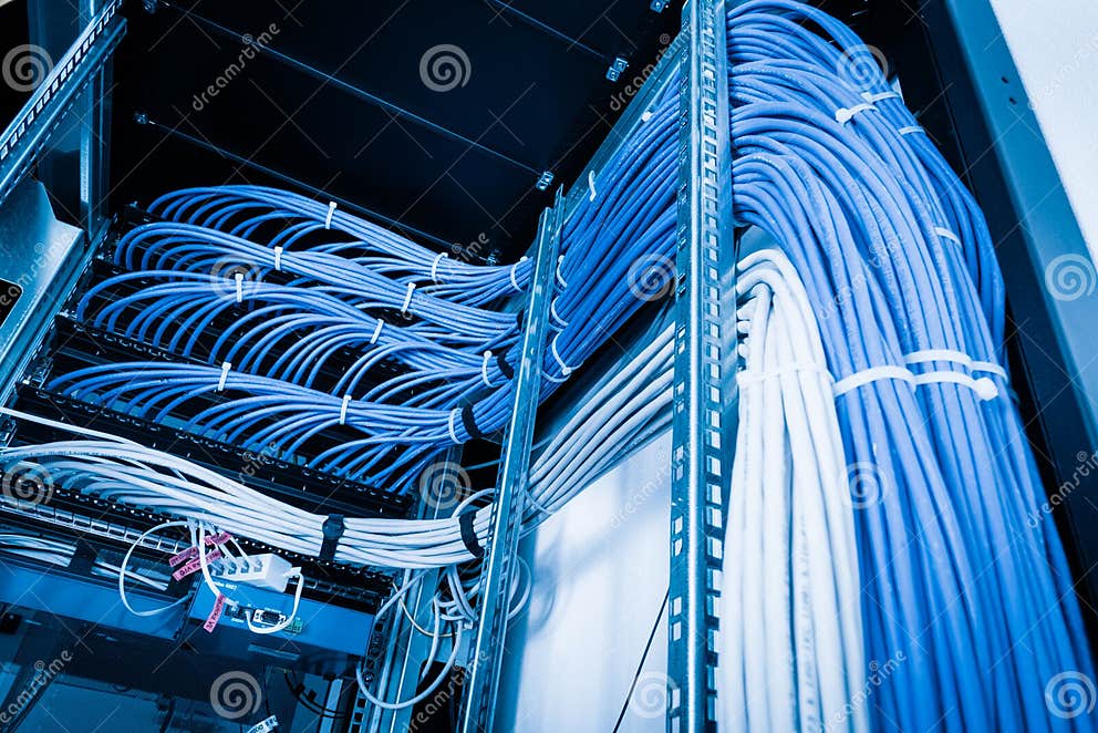 Large Group of UTP Cables, Ethernet Cables in Rack Cabinet, Lead Stock ...