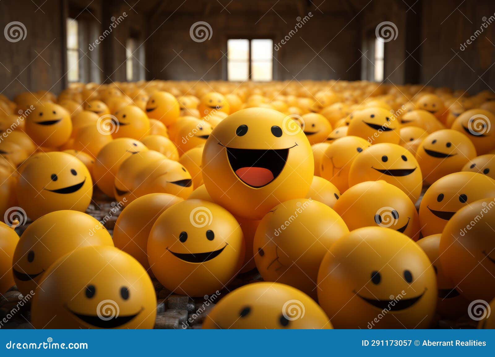 A Large Group of Yellow Smiley Faces in an Empty Room Stock ...