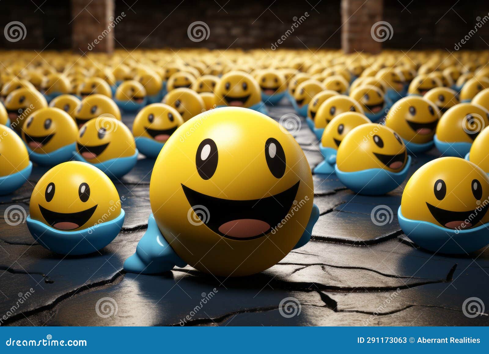 A Large Group of Yellow Smiley Faces in an Empty Room Stock ...