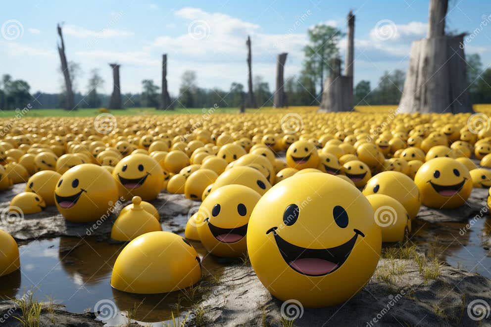 A Large Group of Yellow Smiley Faces in the Middle of a Field Stock ...