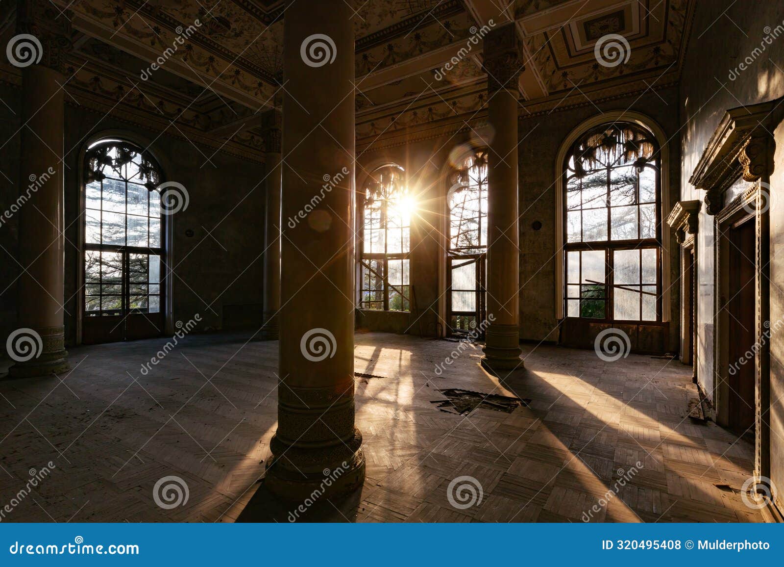 Large Hall with Columns in Old Abandoned Sanatorium Stock Photo - Image ...