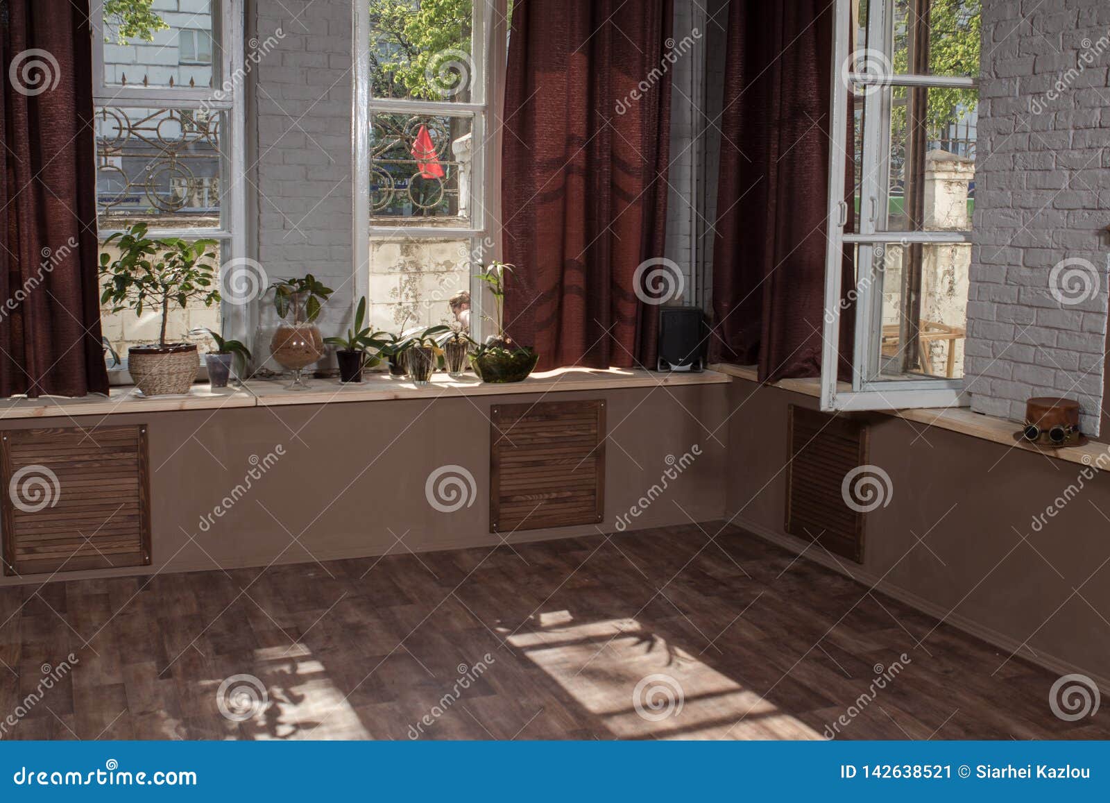 Large Hall with High Windows in Beige Colors Stock Image - Image of ...