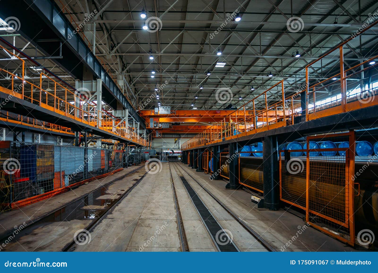 Large Hall of Warehouse with Railroad for Freight Train Load Stock ...
