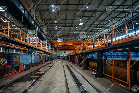 Large Hall of Warehouse with Railroad for Freight Train Load Stock ...