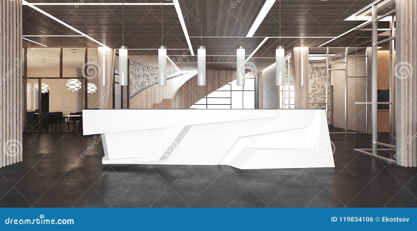 Large Hall with Office Reception. 3d Rendering Stock Photo - Image of ...