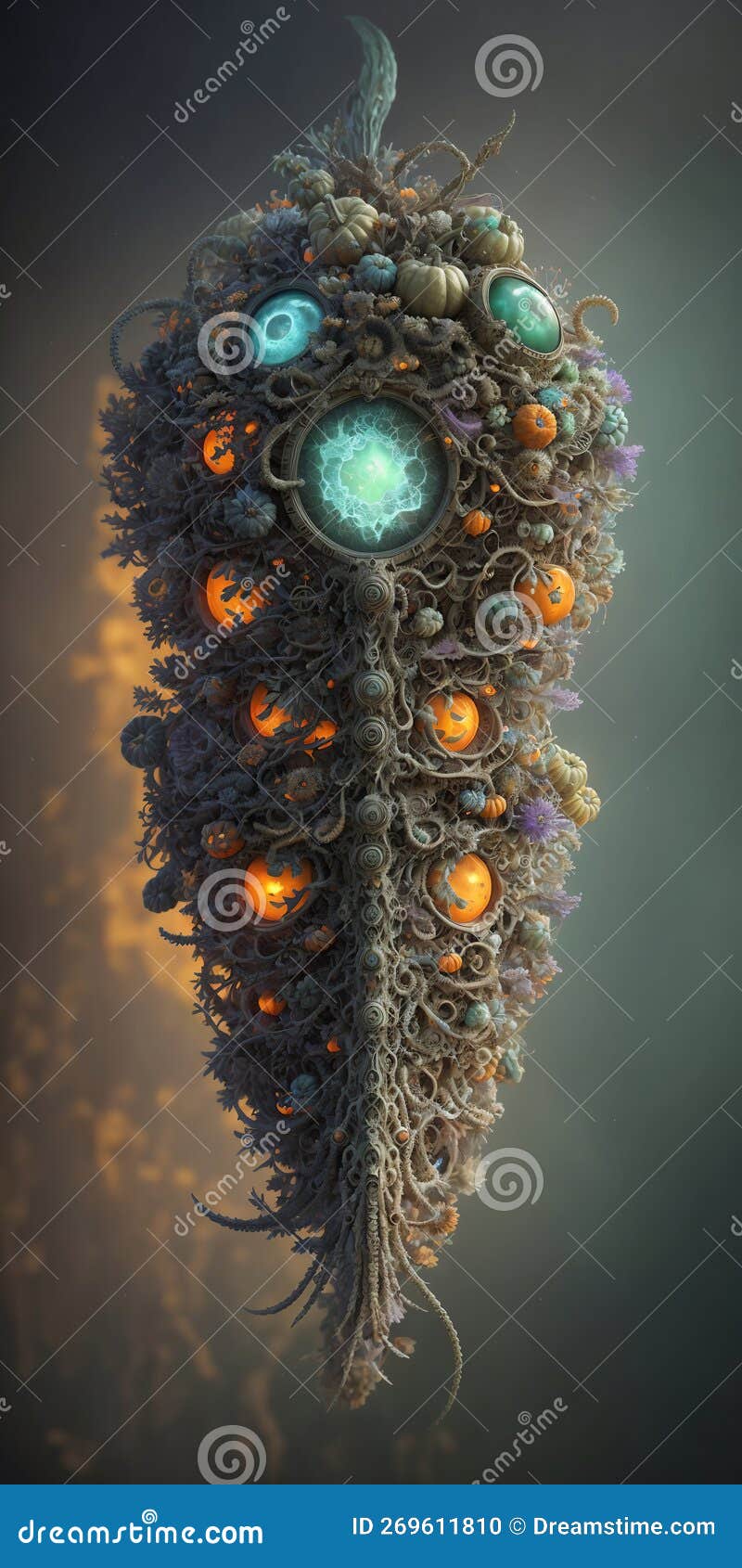 A Large Halloween Biomechanical Structure Striving Up. Neon Glowings in ...