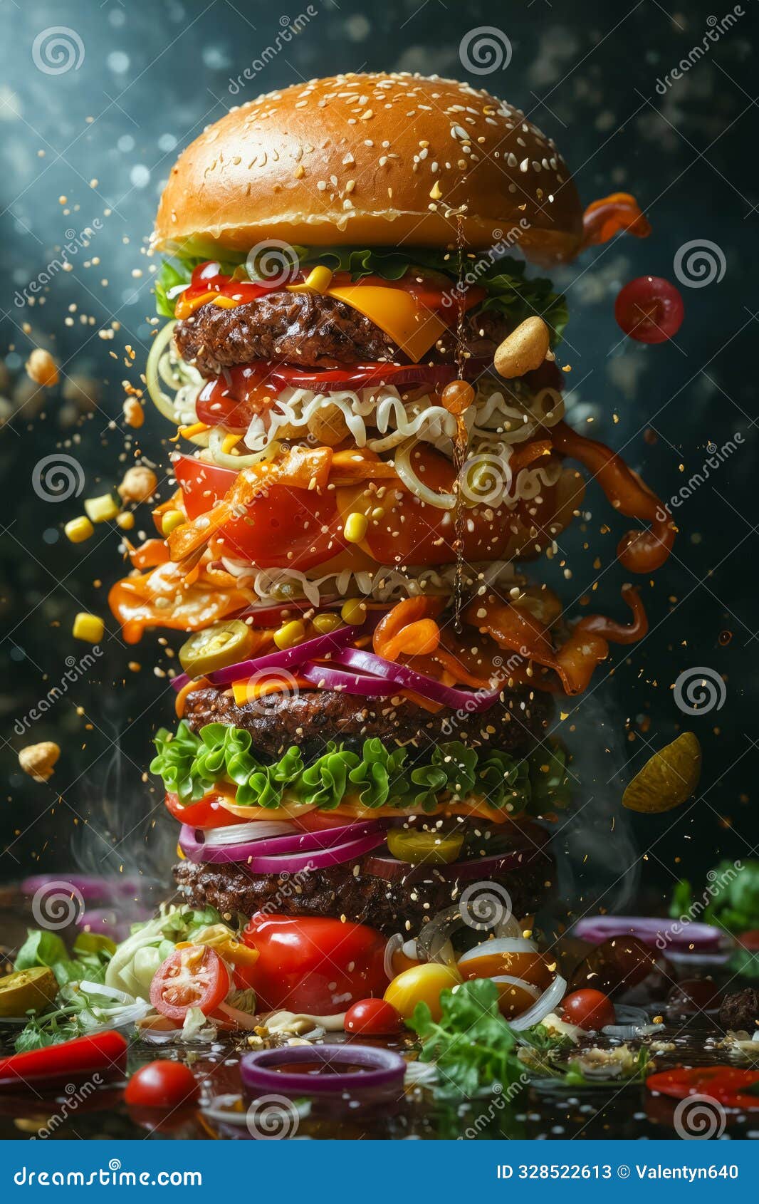 A Large Hamburger with Lots of Toppings Falling Out of it. Generative ...