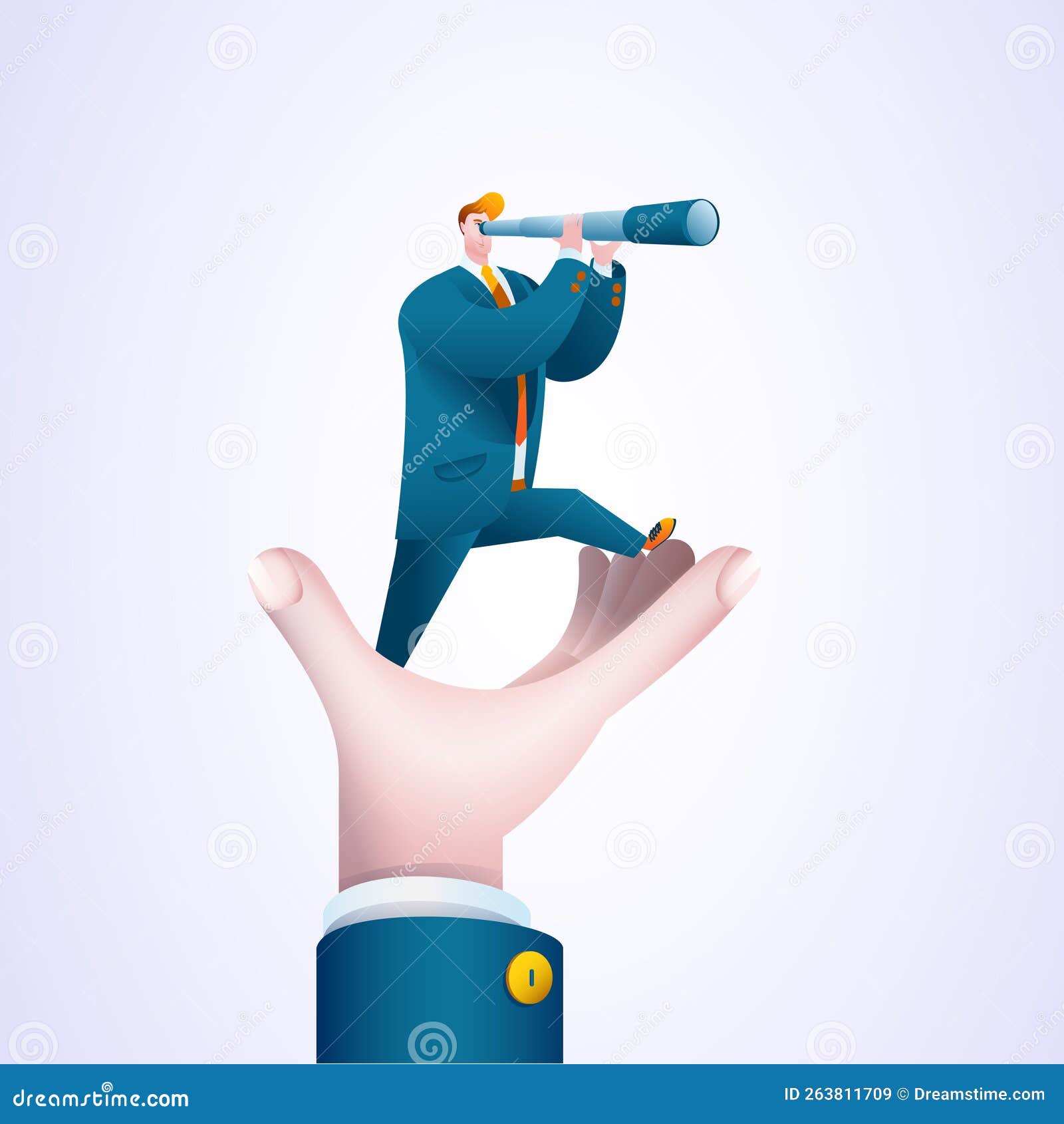 A Large Hand is Holding a Man Who is Looking through Binoculars. Stock ...