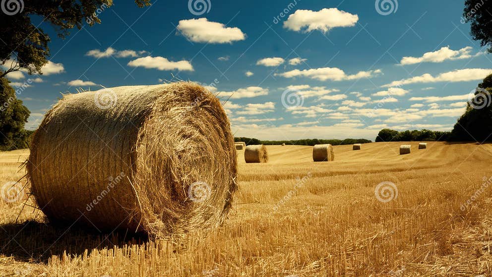 A Large Hay Bales are Sitting in a Field Under the Trees, AI Stock ...