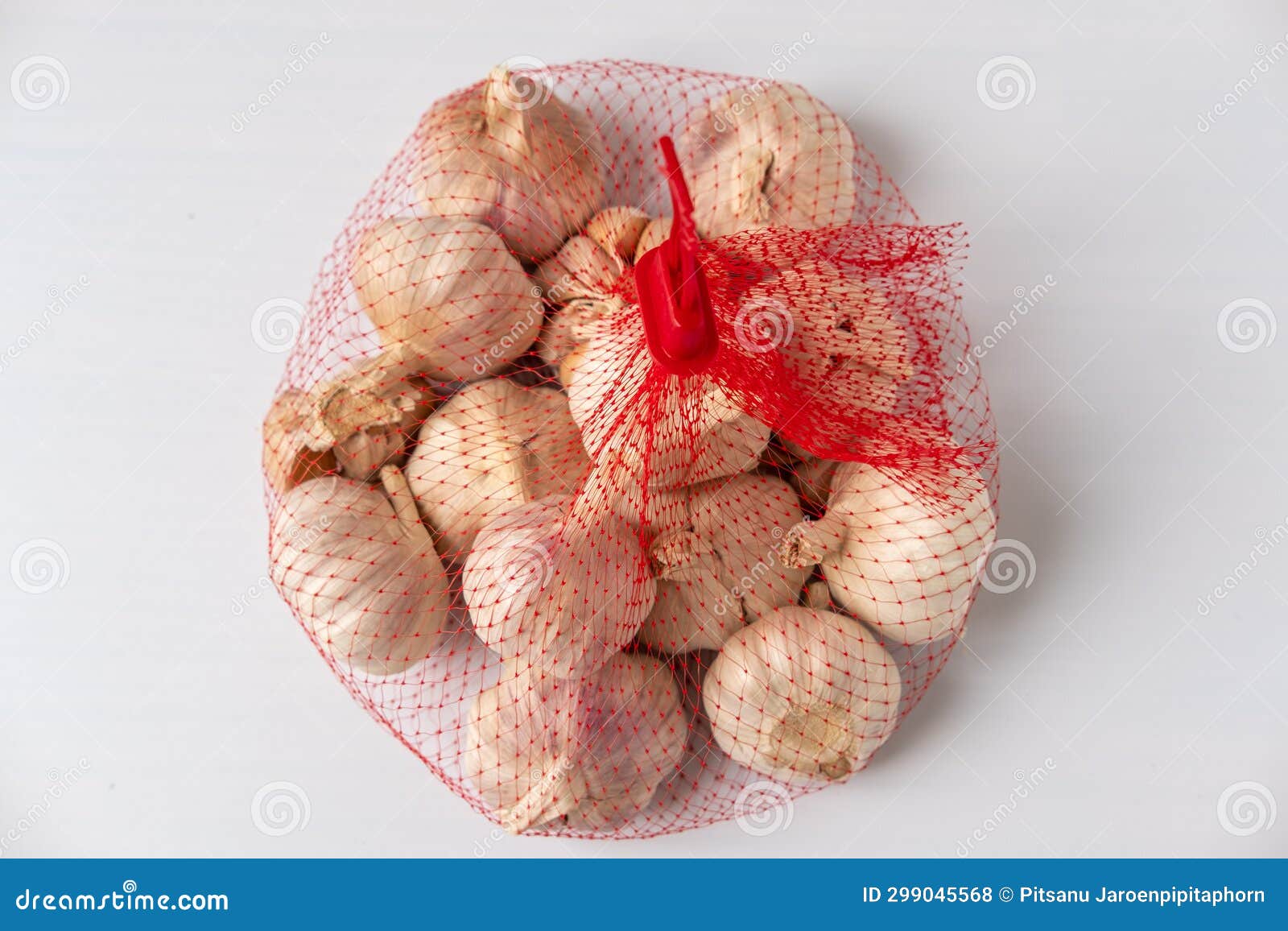 A Large Head of Garlic is in a Red Mesh Package on a White Background ...