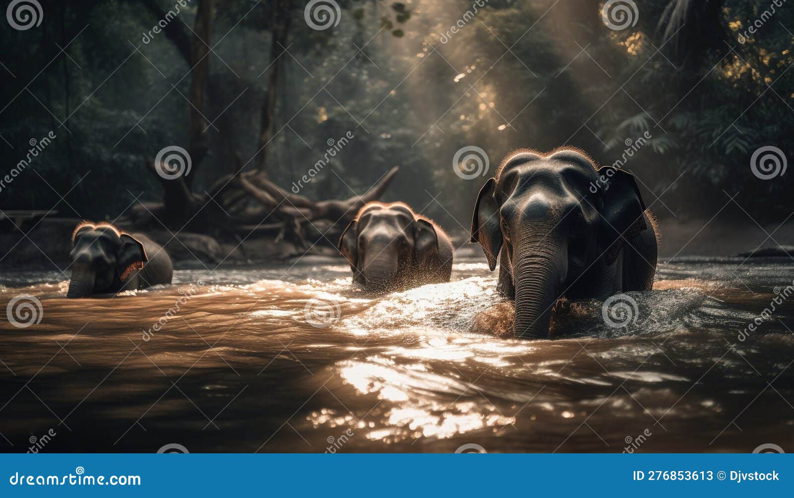 Large Herd of Elephants Splashing in Water Generated by AI Stock ...