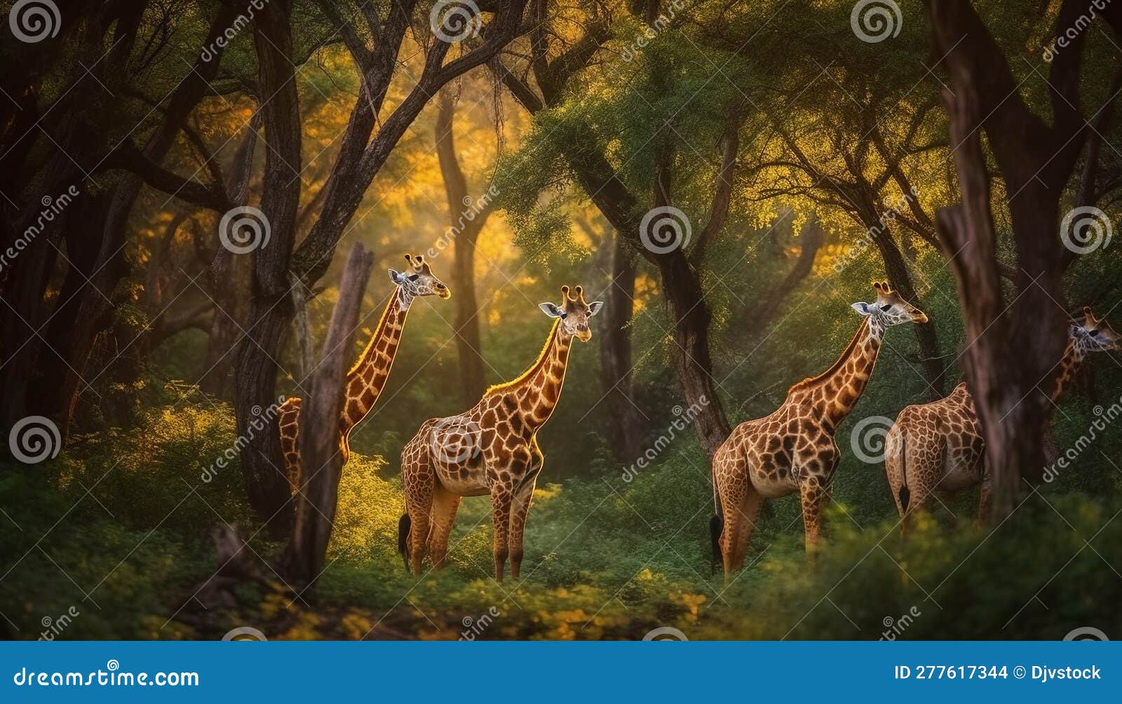 A Large Herd of Giraffes Standing Under Acacia Tree at Dusk Generated ...