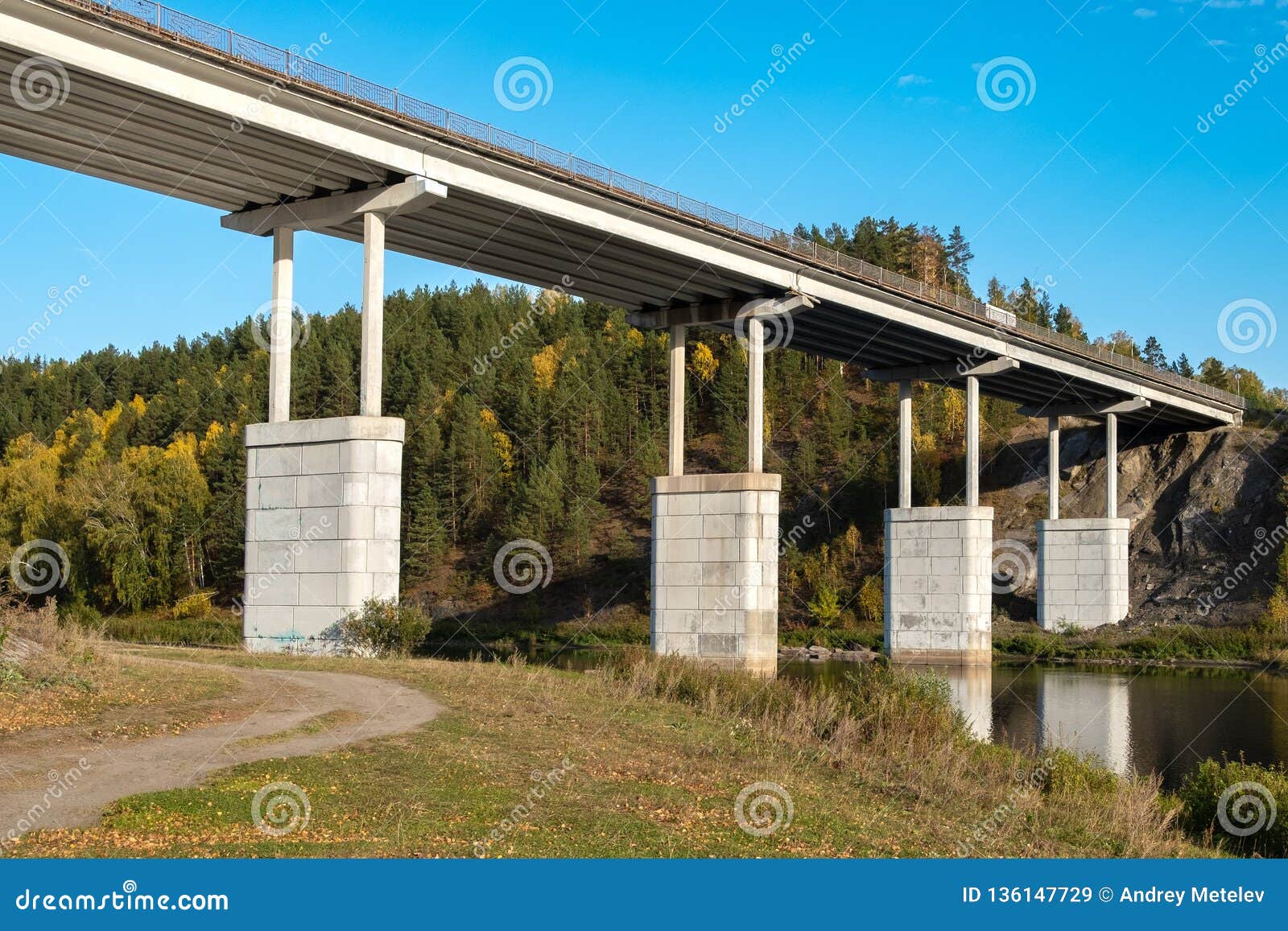 Large High Bridge on Concrete Columns Across the River, on Both Sides ...