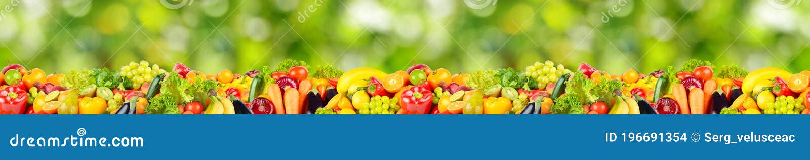 Large Horizontal Seamless Pattern Fresh Fruits and Vegetables on Green ...