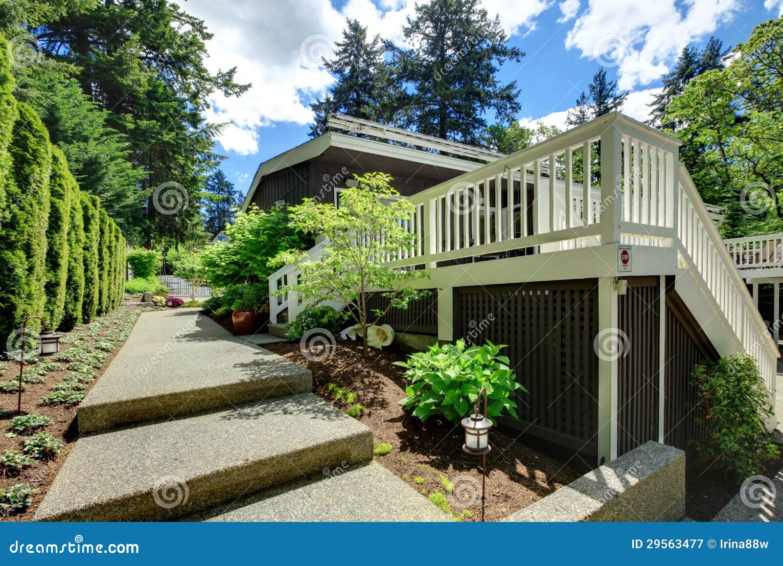 Large House Back Yard with Large Deck and Walkway. Stock Image - Image ...