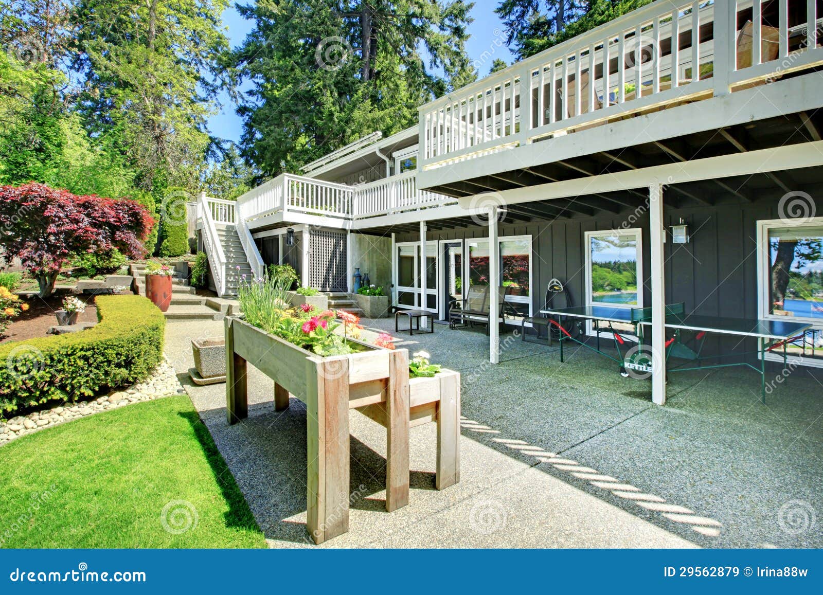 Large House Back Yard with Two Decks and Flower Boxes. Stock Image ...
