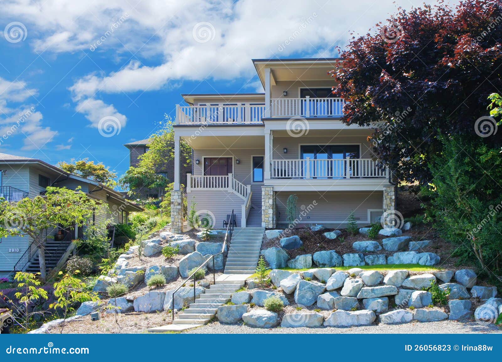 Large House with Balconies on the Hill with Rocks. Stock Image - Image ...