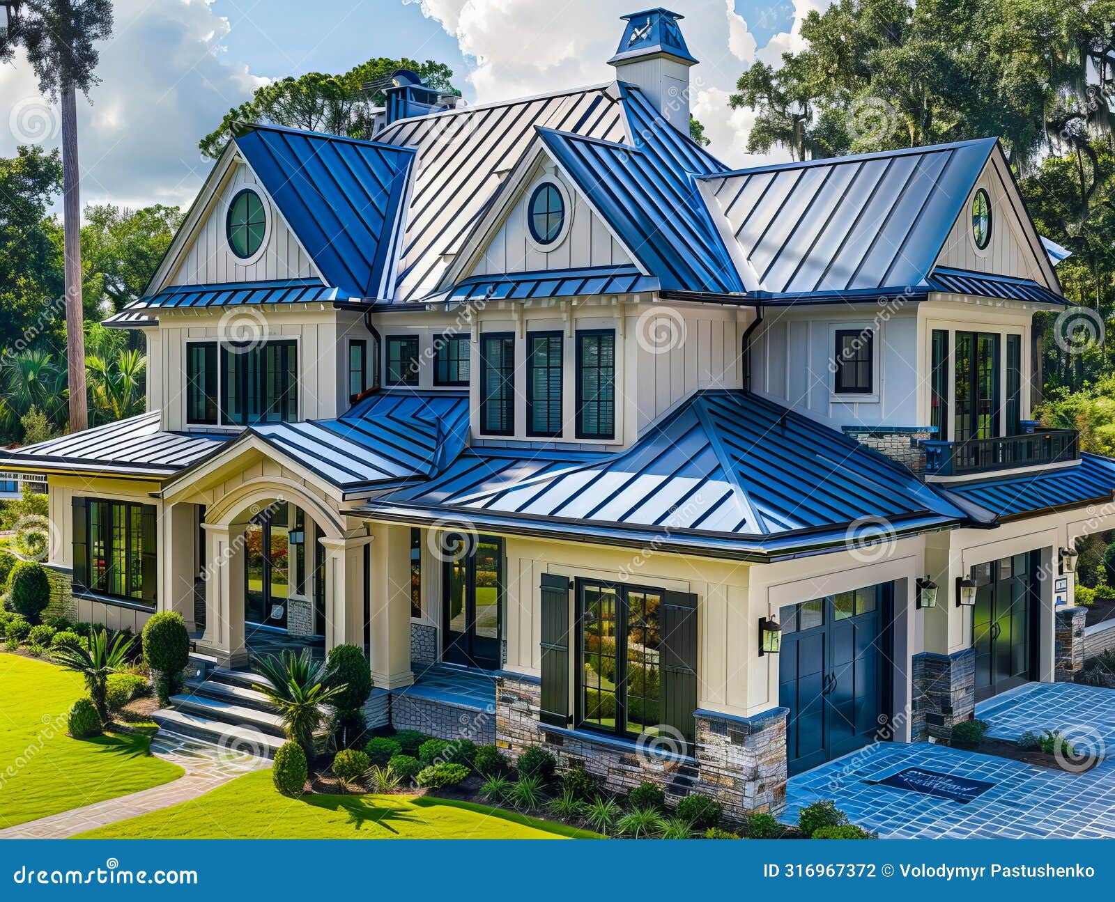 A Large House with a Blue Roof Stock Photo - Image of pillar, exterior ...