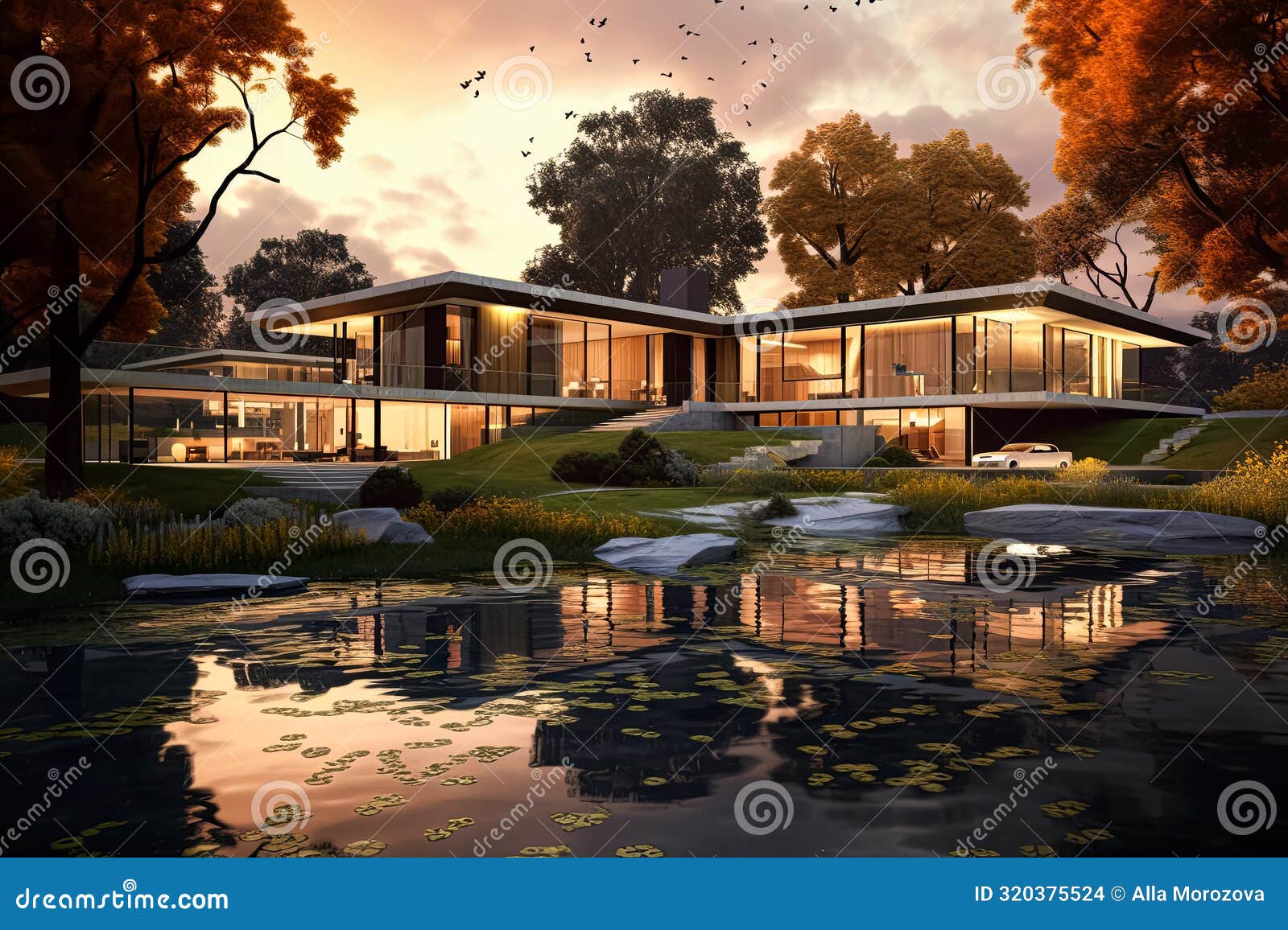 A Large House with a Pool and a Pond in Front of it Stock Photo - Image ...