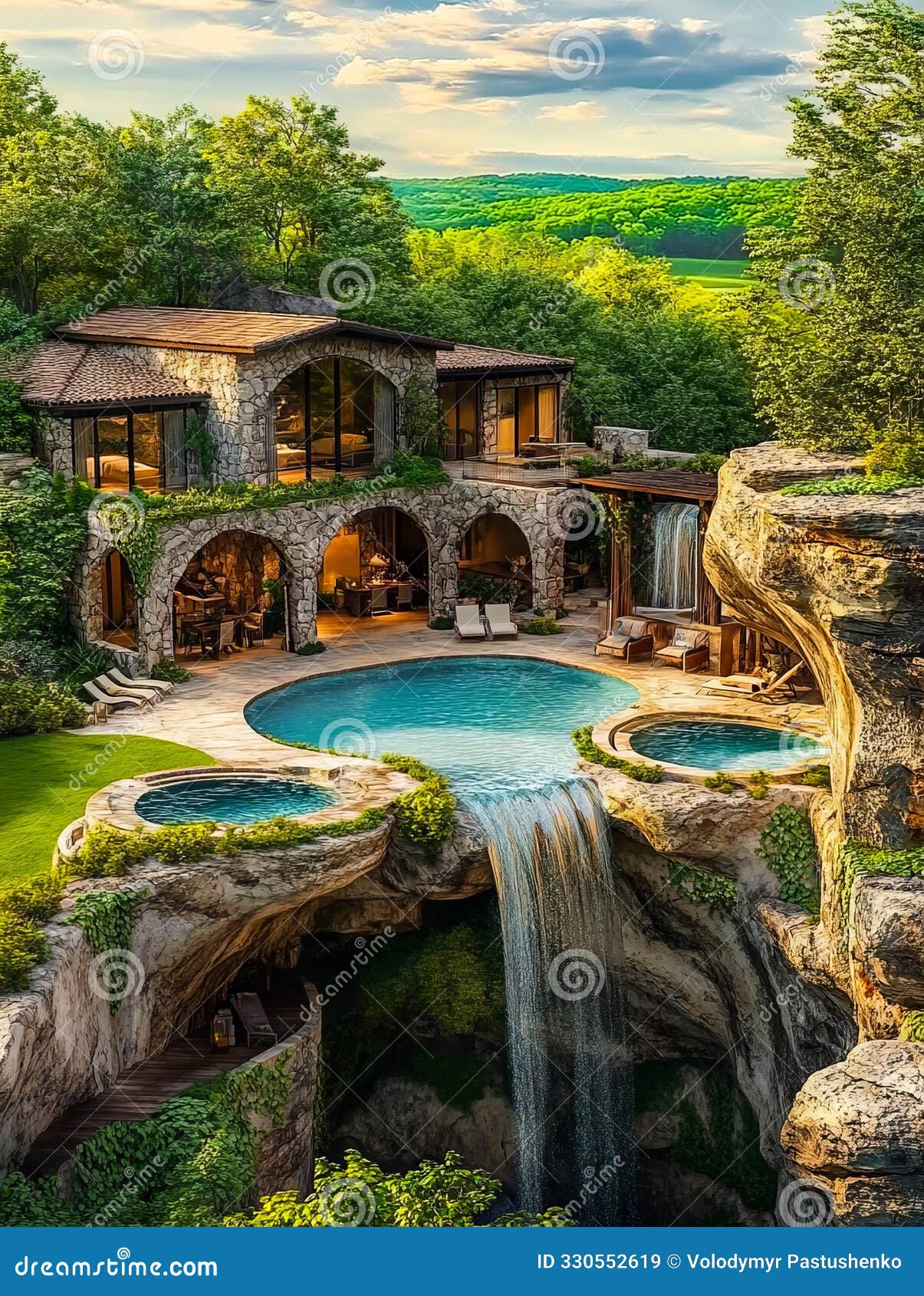 A Large House with a Waterfall in the Middle of it Stock Image - Image ...