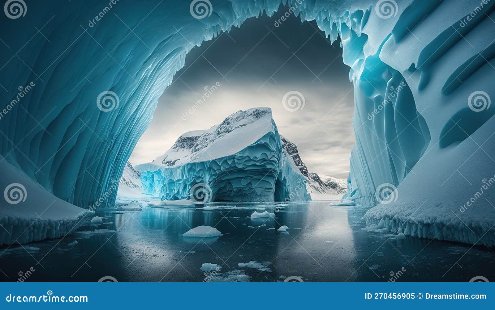 A Large Ice Cave with Ice Chunks and Ice Chunks on the Ground. Stock ...