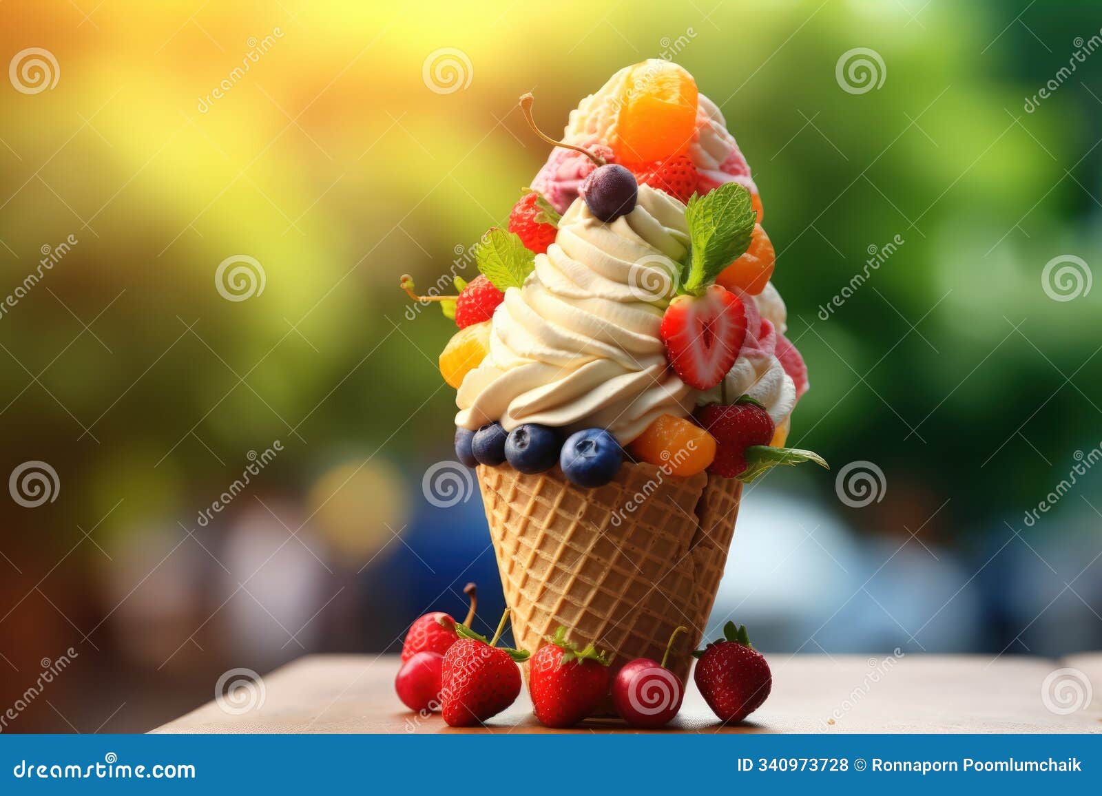 A Large Ice Cream Cone with a Variety of Fruits on Top Stock ...
