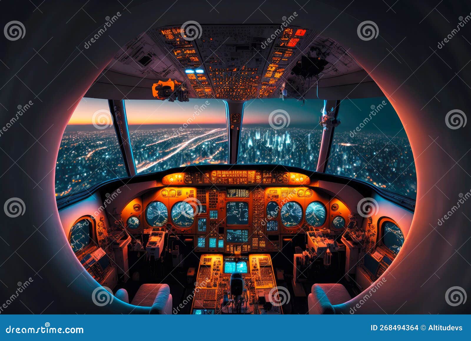 Large Illuminated Airplane Cockpit with Beautiful Views Out of Window ...
