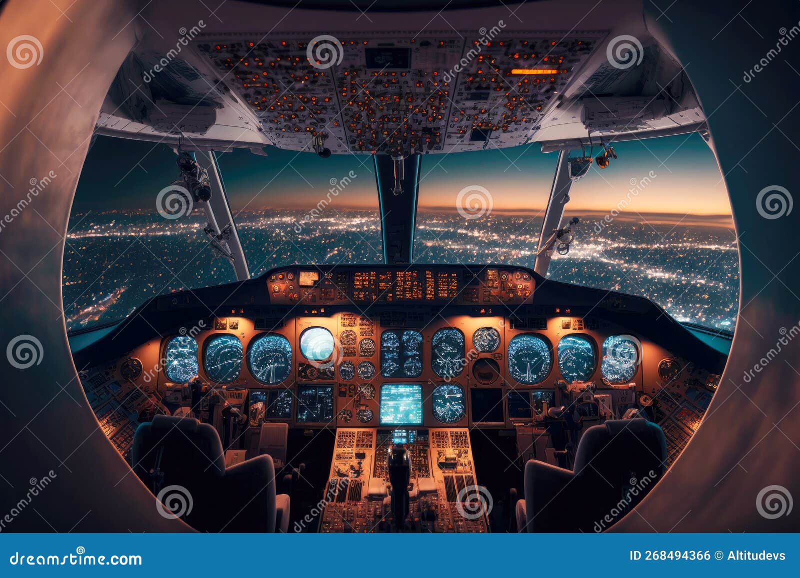 Large Illuminated Airplane Cockpit with Beautiful Views Out of Window ...