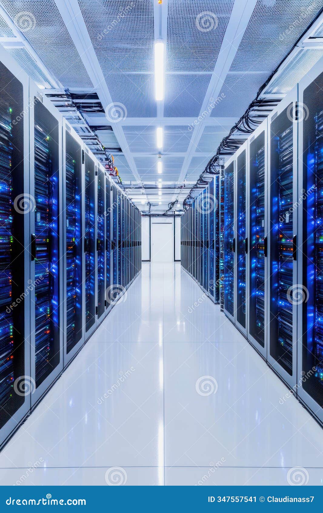 Data Center with Rows of Servers Illuminated by Blue Lights. Generative ...