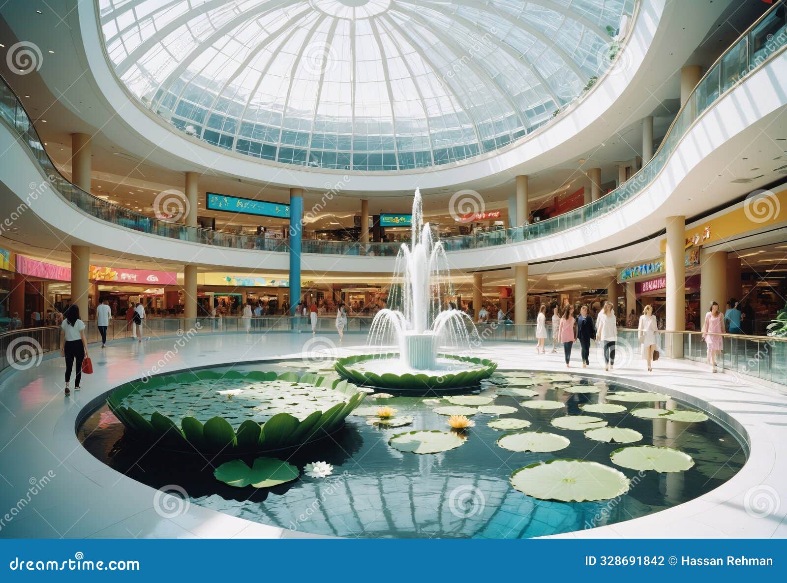 A Large Indoor Shopping Mall with a Glass Ceiling Stock Illustration ...