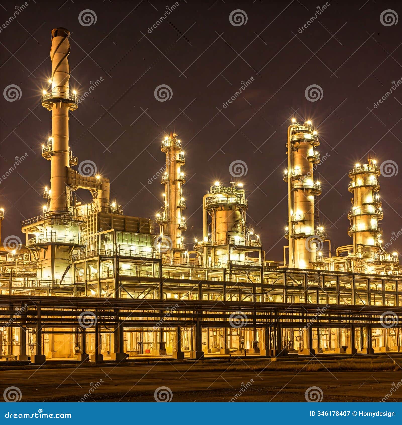 A Large Industrial Complex Illuminated at Night, with Towering ...