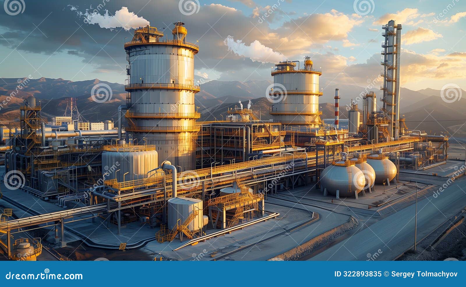 Industrial Complex at Sunset with Tall Towers and Pipes Stock Image ...