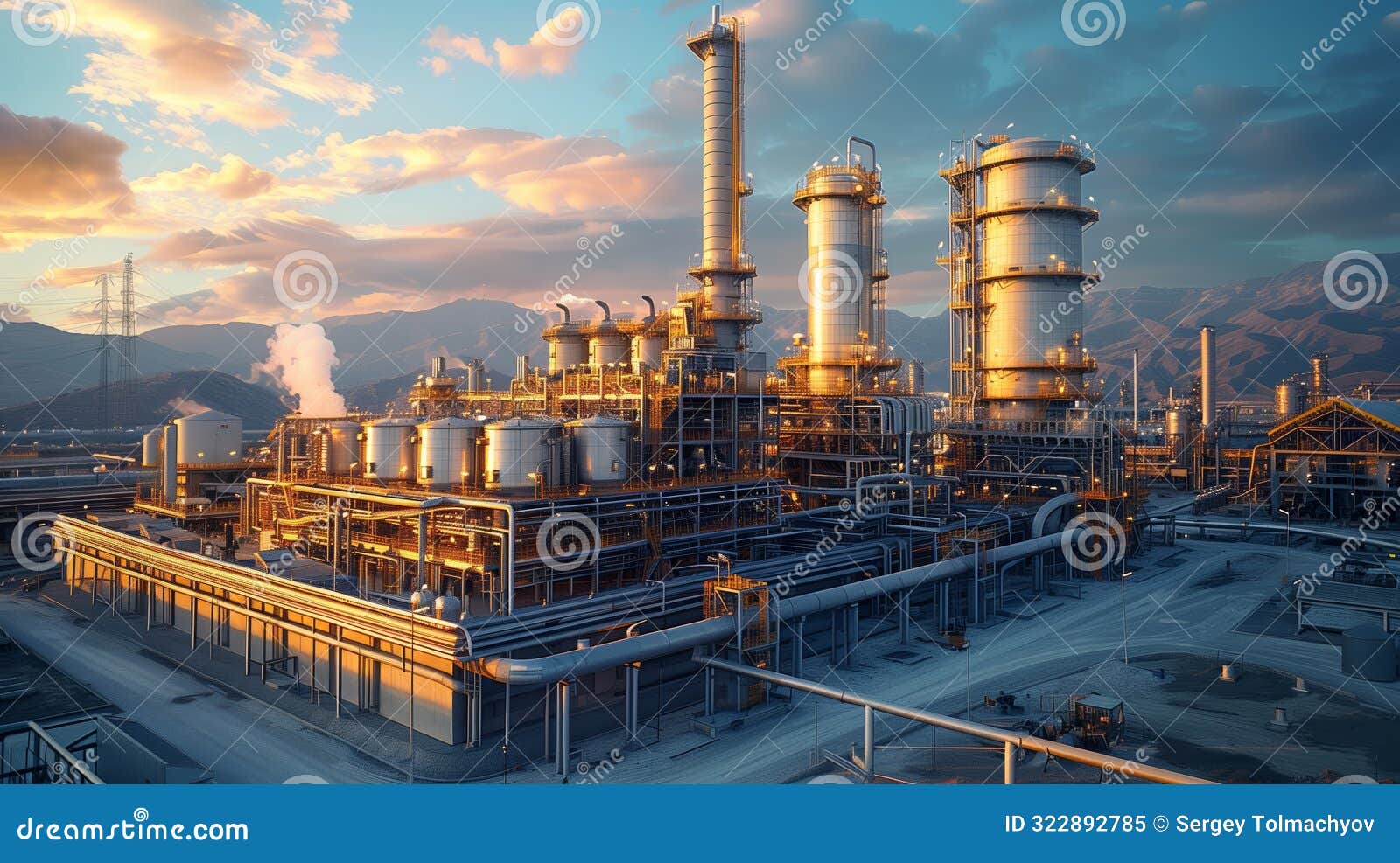 Industrial Complex at Sunset with Mountains in Background Stock Image ...