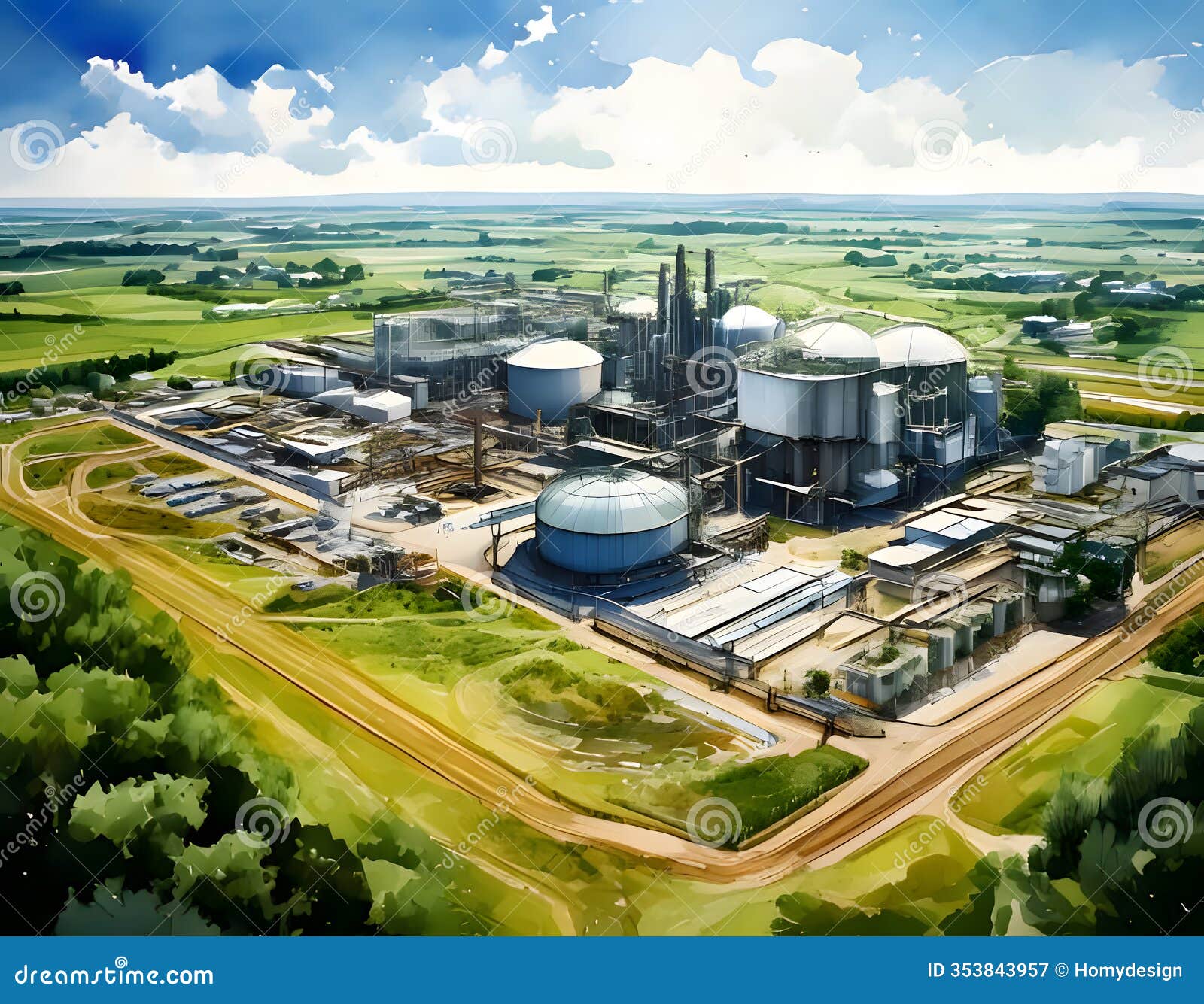 A Large Industrial Complex with Tanks and Towers Surrounded by Green ...