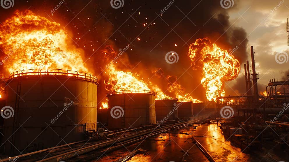 A Large Fire is Burning in an Oil Refinery at Night Stock Image - Image ...