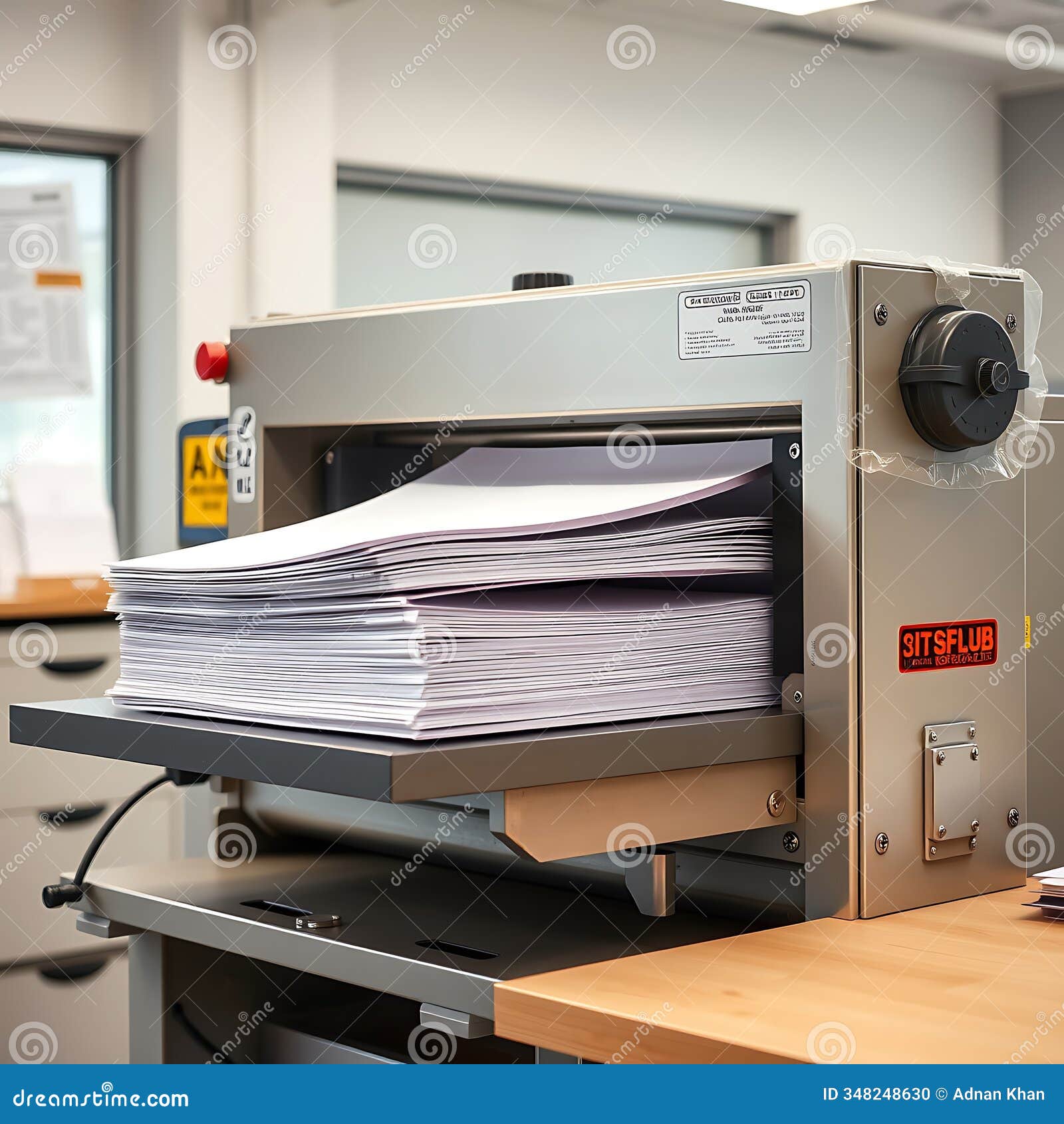 A Large Industrial Guillotine Paper Cutter in Action with a Stack of ...