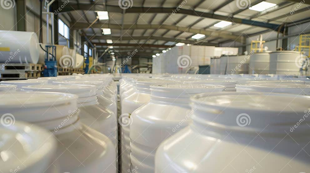 Large Industrial Plastic Containers in Production Facility Stock Photo ...