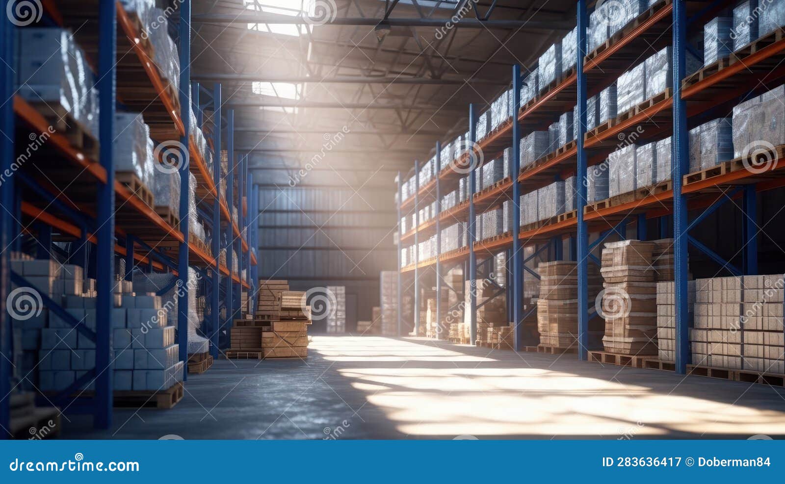 Large Industrial Warehouse. High Racks Filled with Boxes and Containers ...