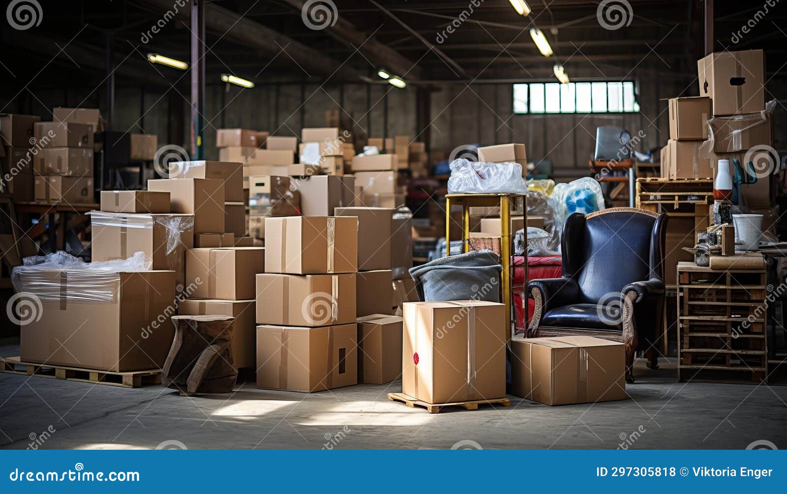 Large Industrial Warehouse with Storage Shelves and Stacks of Cardboard ...