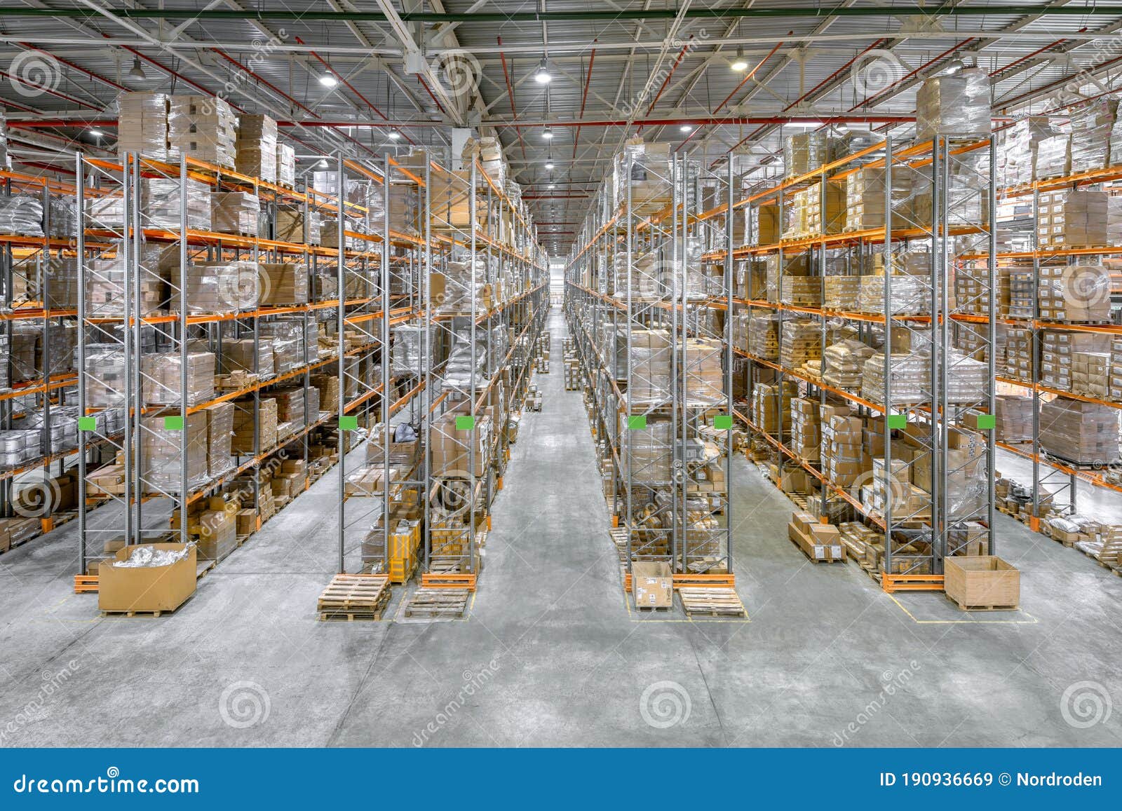 Large Industrial Warehouse. Tall Racks are Completely Filled with Boxes ...