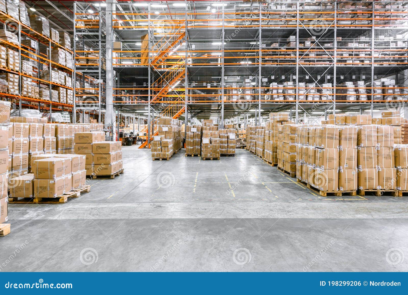 Large Industrial Warehouse. Tall Racks are Completely Filled with Boxes ...