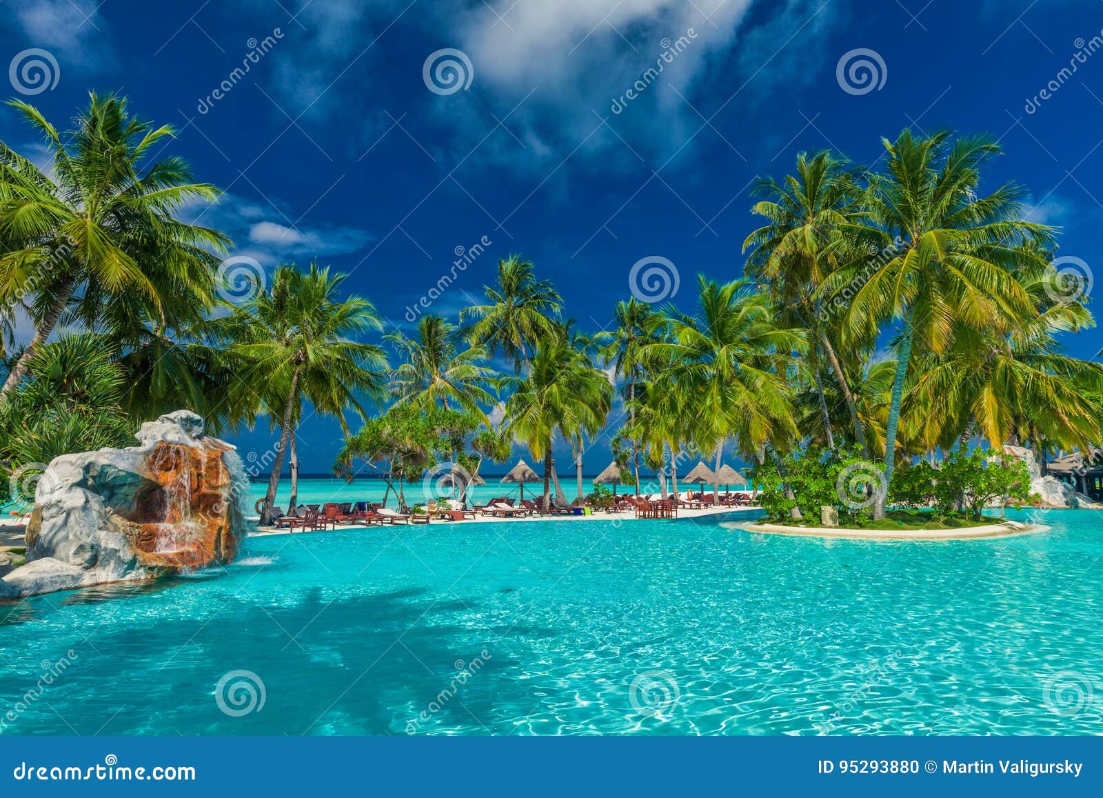 Large Infinity Swimming Pool on the Tropical Beach with Palm Tre Stock ...