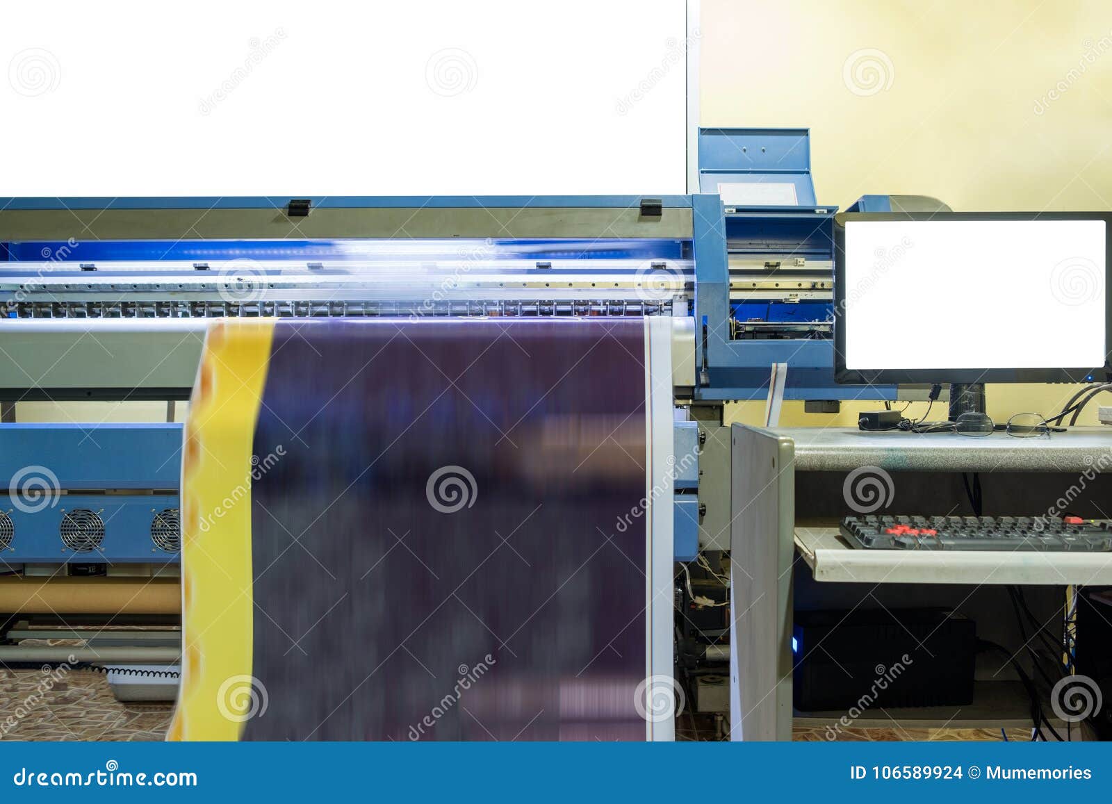 Large Inkjet Printer Working on Vinyl Banner with Computer Stock Photo ...